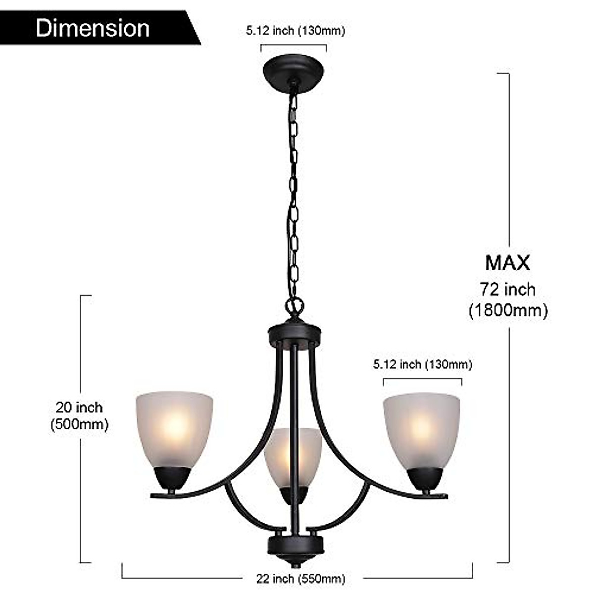 VINLUZ 3 Light Shaded Contemporary Chandeliers with Alabaster Glass Black Rustic Light Fixtures Ceiling Hanging Mid Century Modern Pendant Lighting for Bed Room Dining Room Foyer Living Room