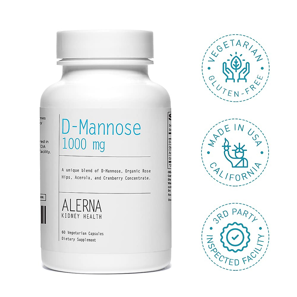 D-Mannose 1000 mg - Urinary Tract Health - with Cranberry Concentrate, Organic Rose HIPS, Acerola Extract - 60 Vegetarian Capsules (Pack of 3)