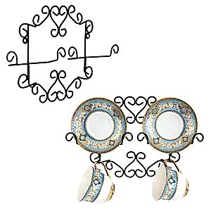 MyGift Set of 2 Wall Mounted Plate Display Rack for Tea Cup and Saucer with Vintage Black Metal Decorative Scrollwork Design