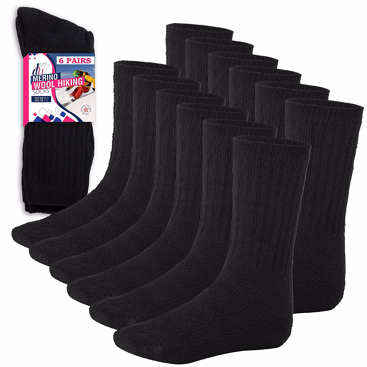 Debra Weitzner 6 Pairs Merino Wool Thermal Socks Men and Women Warm Cushioned Hiking Crew Socks for Hunting Winter Etc Long Survival Boot Socks Moisture Wicking Black 9-11