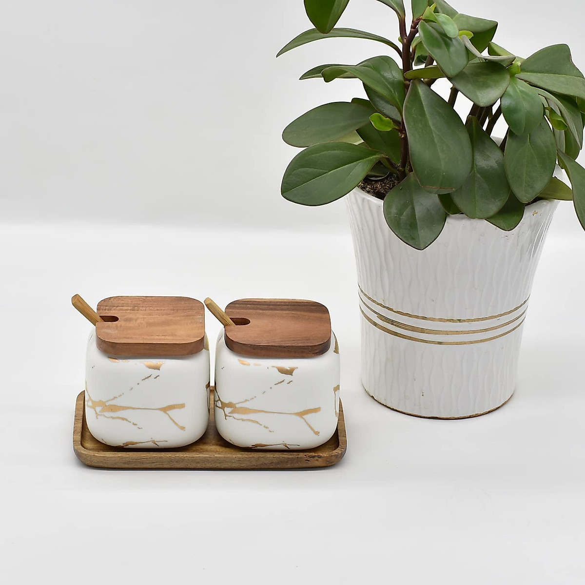 EIMQUVW Sets of 2 Marble Ceramic Seasoning Jars Ceramic Sugar Salt bowl Condiment Pots with Wooden Lids,Wooden Spoon and Wooden Tray(White)