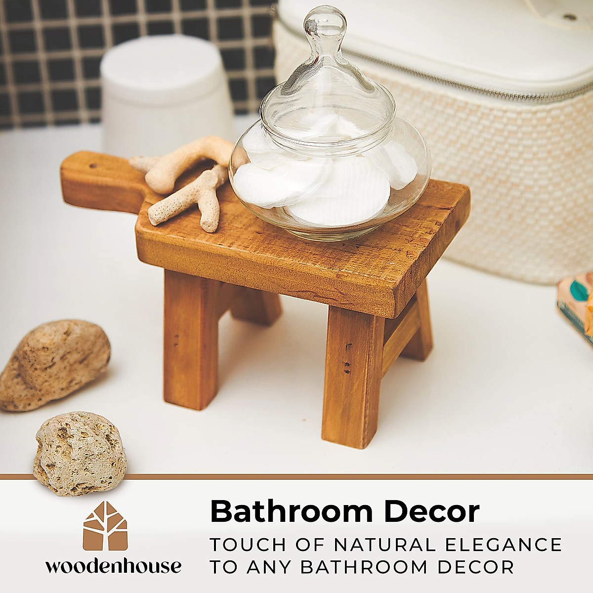 WOODENHOUSE LIFELONG QUALITY Wooden Stand - Rectangular Fir Wood Pedestal Stand for Kitchen, Bathroom, or Decor - Pre-Assembled, Sturdy, Easy Handle, Great Gift