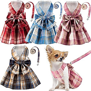 4 Pcs Plaid Dog Dress Bow Tie Harness Leash Set Harness Dress for Small Dogs Cute Dog Pet Girl Puppy Summer Clothes for Female Summer Bunny Rabbit Clothes Yorkie Chihuahua Training Walking (S)