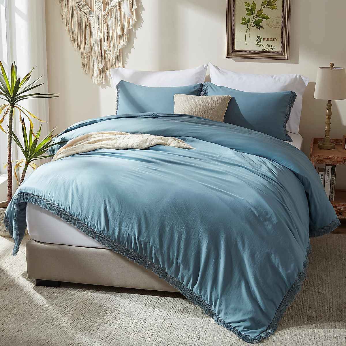 SunStyle Home Blue Grey Duvet Cover Queen Size,3pcs Washed Microfiber Bedding Set,Soft Breathable Tassel Duvet Cover Set with Zipper Closure and Corner Ties for All Seasons (No Comforter)