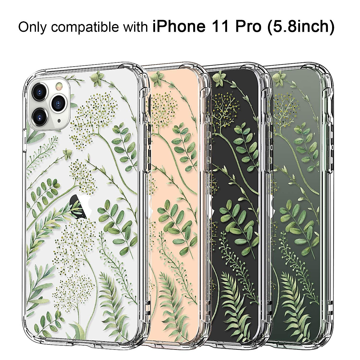 ICEDIO for iPhone 11 Pro Case with Screen Protector,Clear with Green Leaves Floral Flower Fashionable Patterns for Girls Women,Slim Fit Acrylic Cover Protective Phone Case for iPhone 11 Pro 5.8"