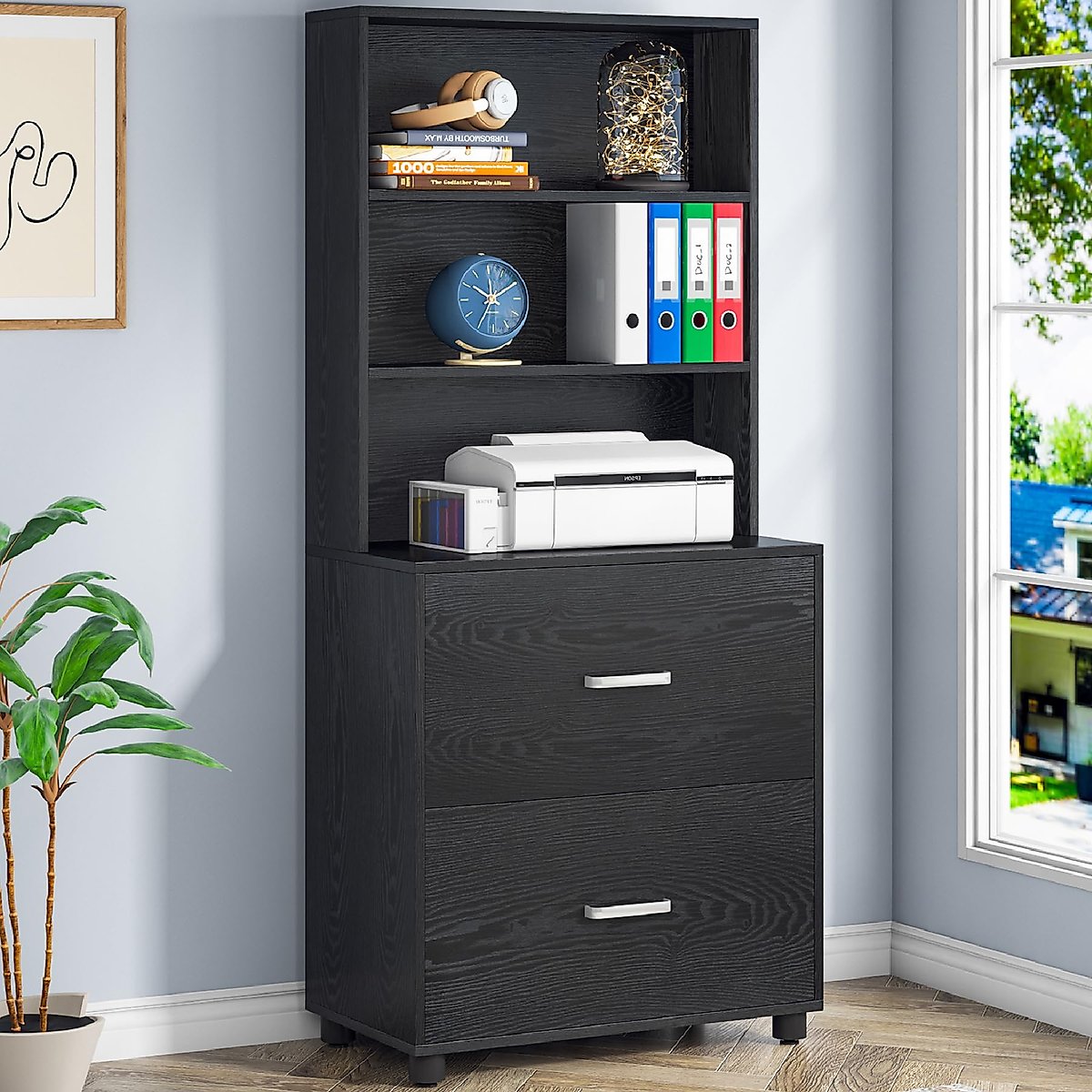 Tribesigns Vertical File Cabinet Modern Wood Filing Cabinet with 2 Large Drawer fit Letter/A4 Size, Large Printer Stand with 4 Open Storage Bookshelves for Home Office, Black