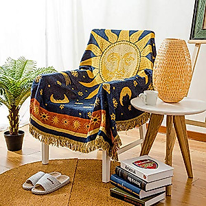 MayNest Sun And Moon Stars Hippie Throw Blanket Celestial Tapestry Double-sided Reversible Woven Cotton Home Decor Bedding Chair Couch Recliner Cover Loveseat Rug Oversized Tassels Blue Yellow (91x71)