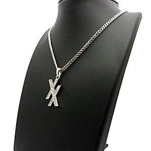 NYFASHION101 Stone Stud Double X Pendant w/ 3mm 24" Cuban Chain Necklace, Silver-Tone