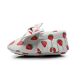 HONGTEYA Baby Moccasins with Rubber Sole&Soft Sole - Flower Print PU Leather Tassel Bow Girls Ballet Dress Shoes for Toddler (6-12Months, 12.5cm,5.5 M US Toddler, Strawberry)