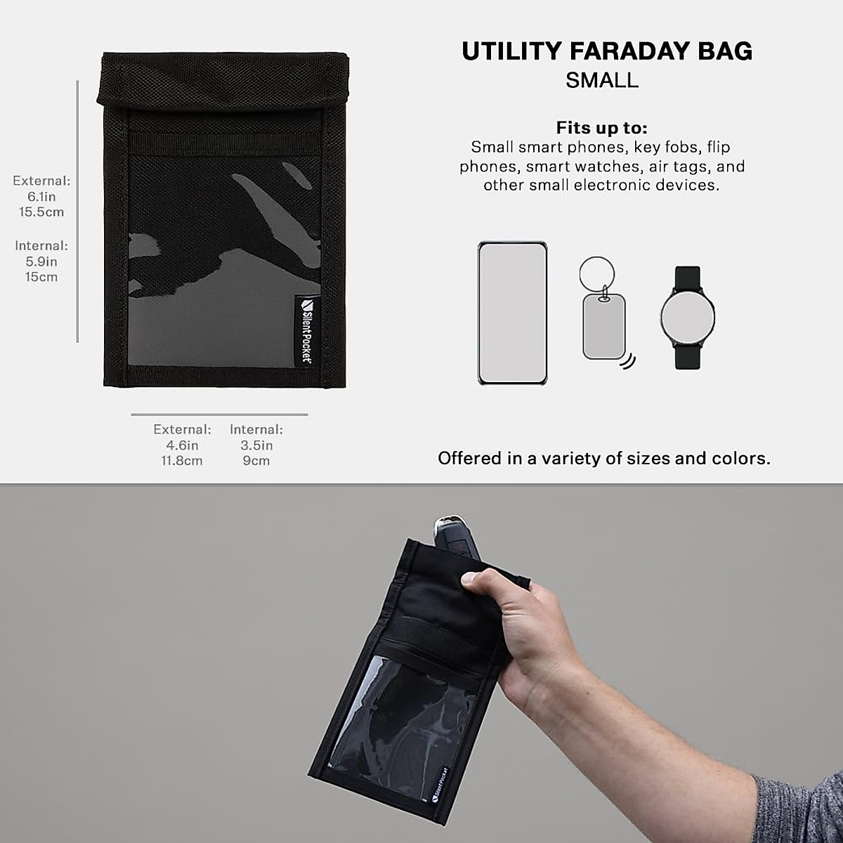 Silent Pocket SLNT Quick Access Smartphone Faraday Bag w Weatherproof Signal Blocking Nylon, Device Shielding for iPhone, Samsung Galaxy, Most Phones - Travel, Privacy & Anti-Hacking (Black, Small)