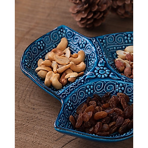 Lemose Leaf Shaped Decorative Ceramic Appetizer Plate - 3 Compartment Snack Tray Floral Pattern Serving Platter Cute Blue Divided Plates Embossed Dinnerware Bowls Dish for Fruits, Dips