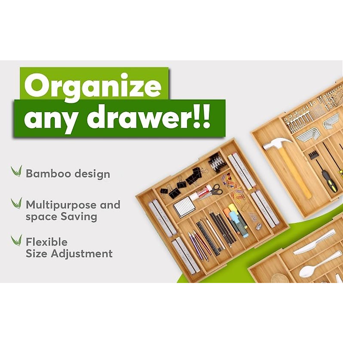 Nature Gear Kitchen Drawer Organizer - 9 Section Expandable Bamboo Storage for Flatware - Housewares - Bath & Vanity - Tool Utility Caddy Adjustable Tray