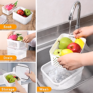 4 Pack Fruit Storage Containers for Fridge with Removable Colanders, Airtight Produce Vegetable Berry Containers for Fridge, All-In-One Food Storage Containers for Washing, Draining, Freshness