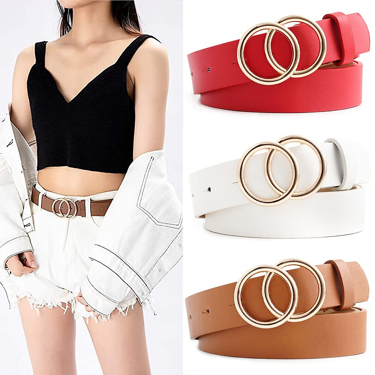 Tergy 6 Pieces Faux Leather Waist Belt for Women Double O-Ring Belt for Jeans Dresses Pants