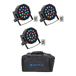 (3) Rockville BATTERY PAR 50 Rechargeable LED DMX DJ Wash Up-Lights+Remotes+Bag