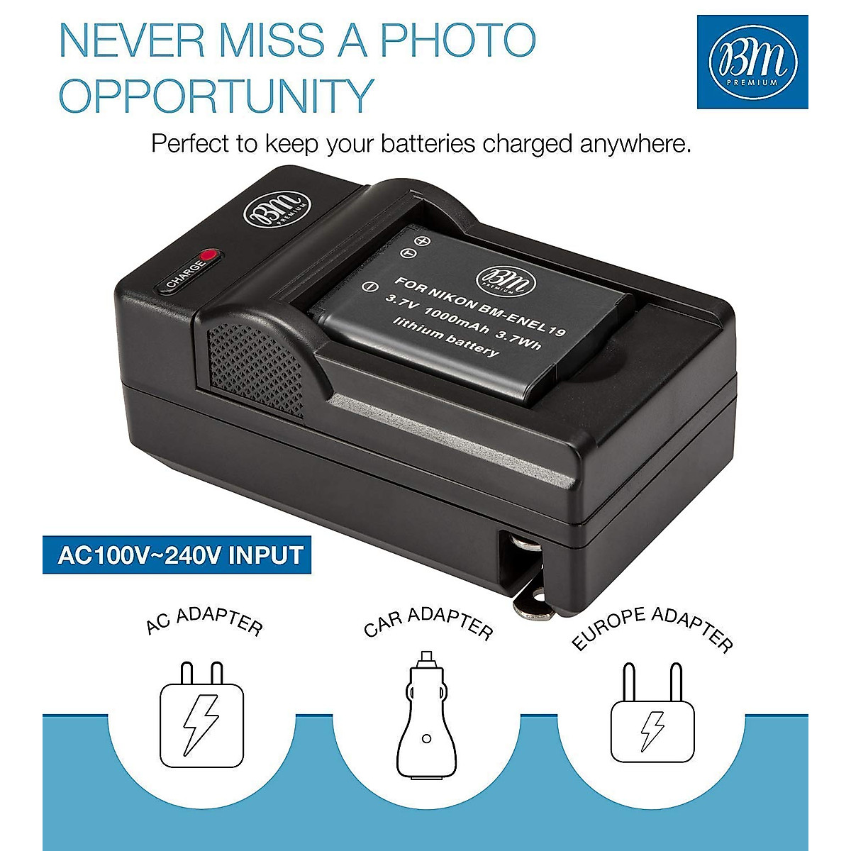 BM Premium EN-EL19 Battery and Charger for Nikon Coolpix A300, W100, W150, S100, S3100, S3200, S3300, S3500, S3600, S3700, S4100, S4200, S4300, S5200, S5300, S6400, S6500, S6800, S6900, S7000 Cameras