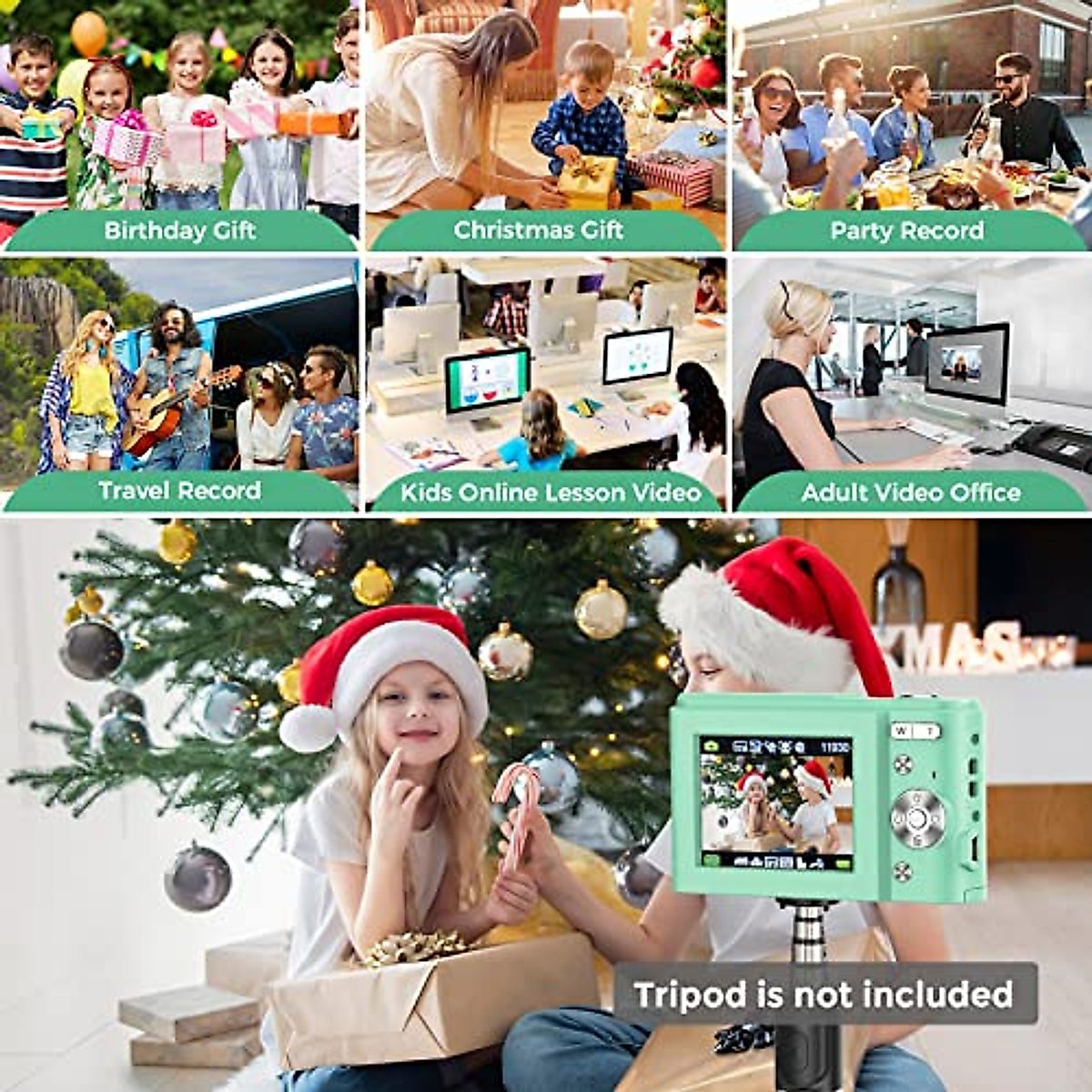 RUAHETIL Digital Camera, Autofocus FHD 1080P 48MP Kids Vlogging Camera with 32GB Memory Card, 2 Charging Modes 16X Zoom Compact Camera Point and Shoot Camera for Kids Teens (Green)