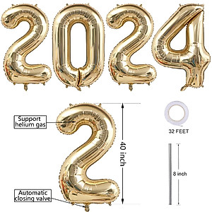 2024 Balloons Huge Light Gold 40 Inch 20-24-22-40 Large Champagne Gold Helium Mylar Foil Number Balloon Anniversary Festival Birthday Halloween Party Supplies Big Class of 2024 Graduation Decoration