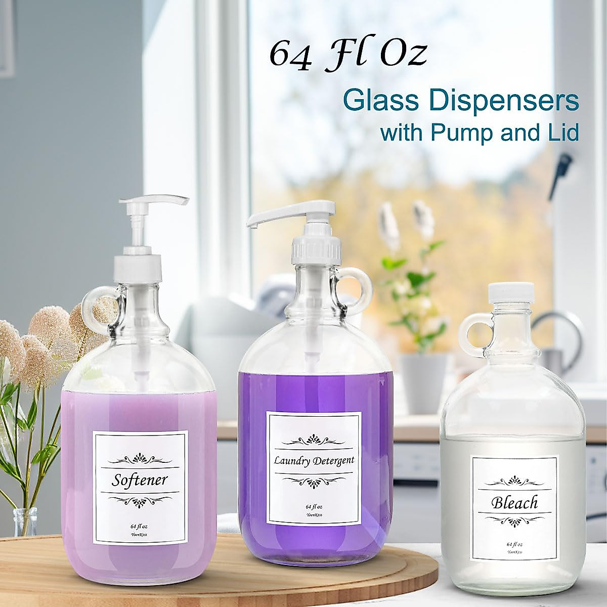 2 Pack Laundry Detergent Dispenser with Pump and Lid, 64 Oz Glass Bottles for Laundry Room Organization and Storage, Fabric Softener Dispenser for Washer