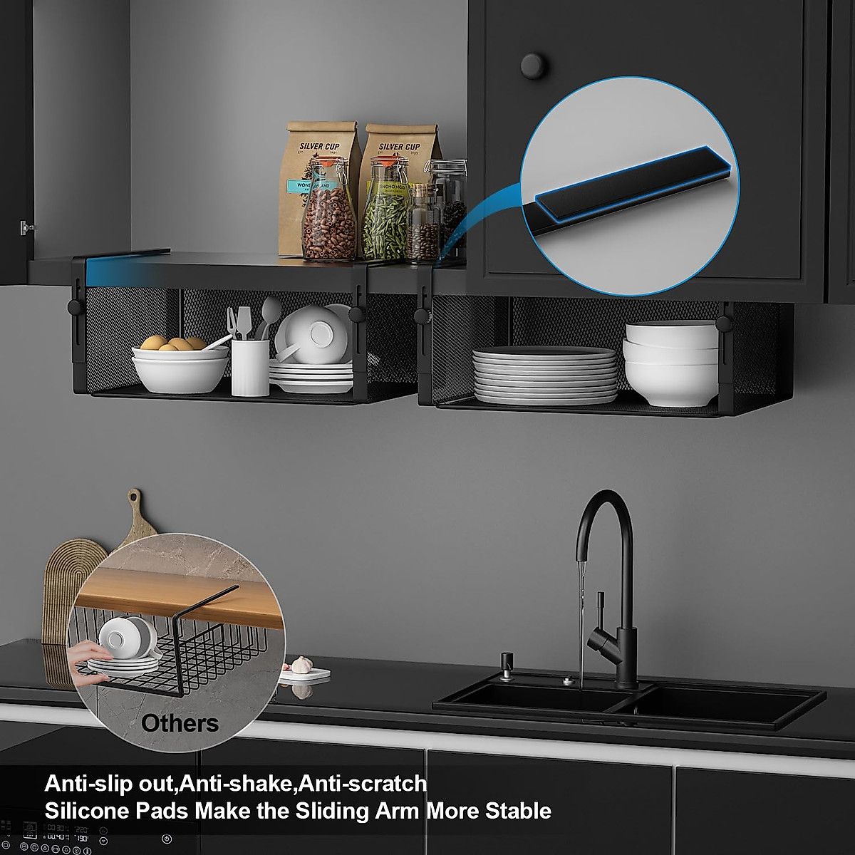 AmonHouseware 2Pack Under Shelf Basket Organizer,Adjustable Hanging Holder for Cabinet Pantry Kitchen Cupboard Desk Counter Bookshelf Organization Add-on Space Saver Heavy Duty Slide-in (Black, Large)