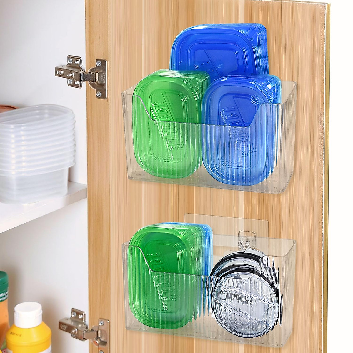Pensino 2 Pack Adhesive Cabinet Door Organizer Storage Caddy, Clear Lid Organizer Inside Cabinet Wall Mounted Pantry Door Organizer for Food Container Lid Kitchen Under Sink Basket (Clear)