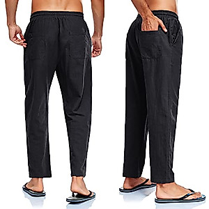 sherelie Men's 100% Cotton Ankle Pants Drawstring Linen Like Pants 4 Pockets Pull-On Pants Lounge Casual Summer Beach Trousers, Black, XL