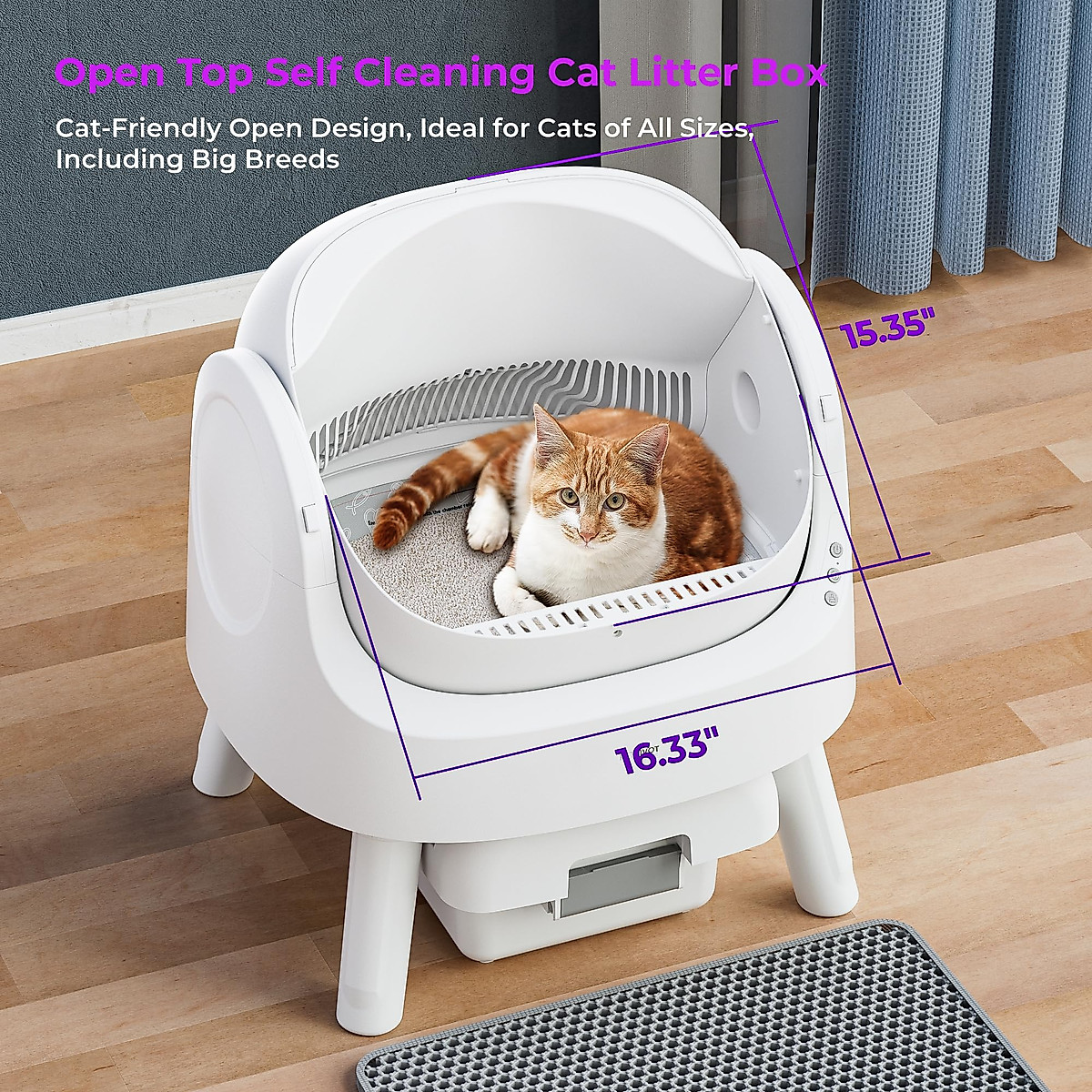 Self Cleaning Cat Litter Box, Open Top Litter Box for Multiple Cats, Automatic Cat Litter Box with Liners and Mat Included, White