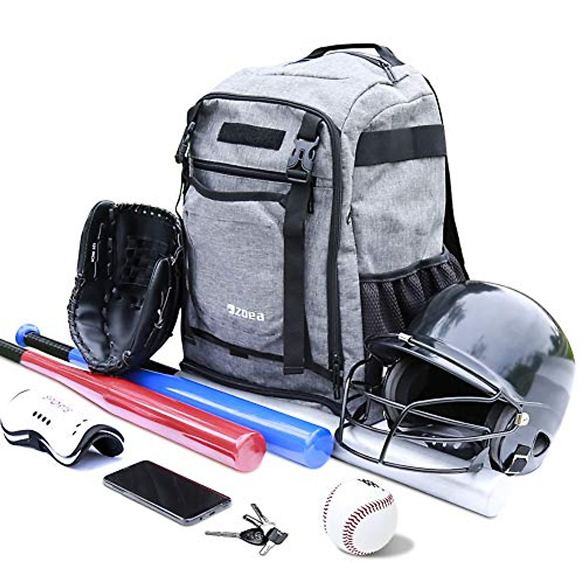 ZOEA Baseball Bat Bag Backpack, T-Ball & Softball Equipment & Gear for Youth and Adults | Large Capacity Holds 4 Bats, Helmet, Glove, Shoes | Shoe Compartment & Fence Hook & Helmet Holder Gray