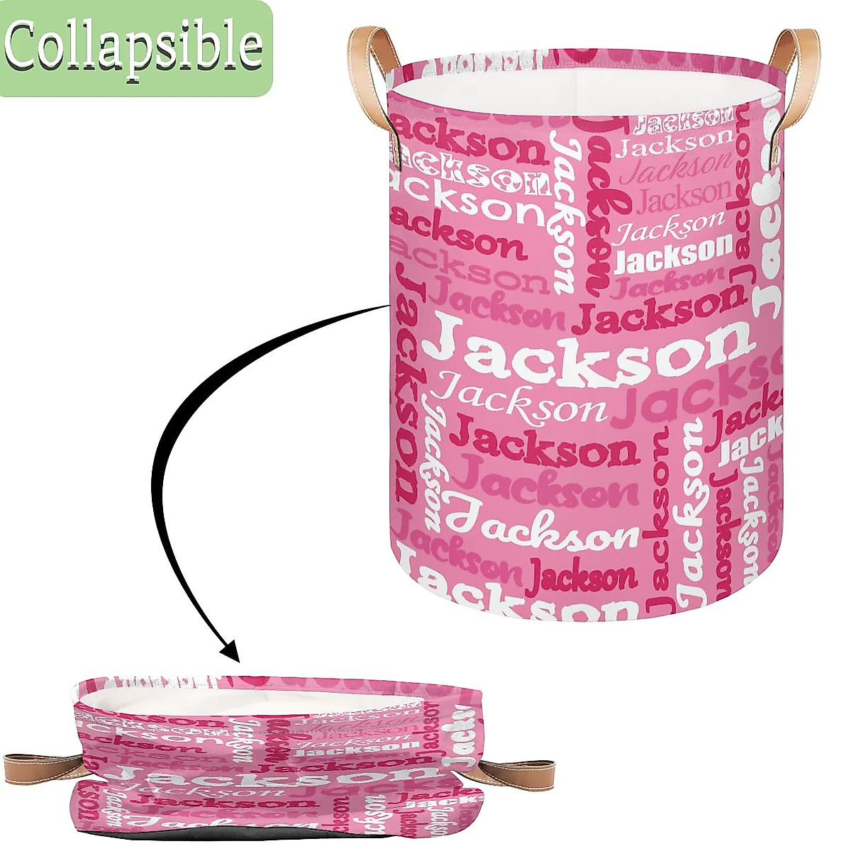 SPYORBKX Custom Laundry Basket with Name, Personalized Baby Laundry Hamper for Bedroom Bathroom, Round Storage Basket with Handle for Men Women Rose Pink