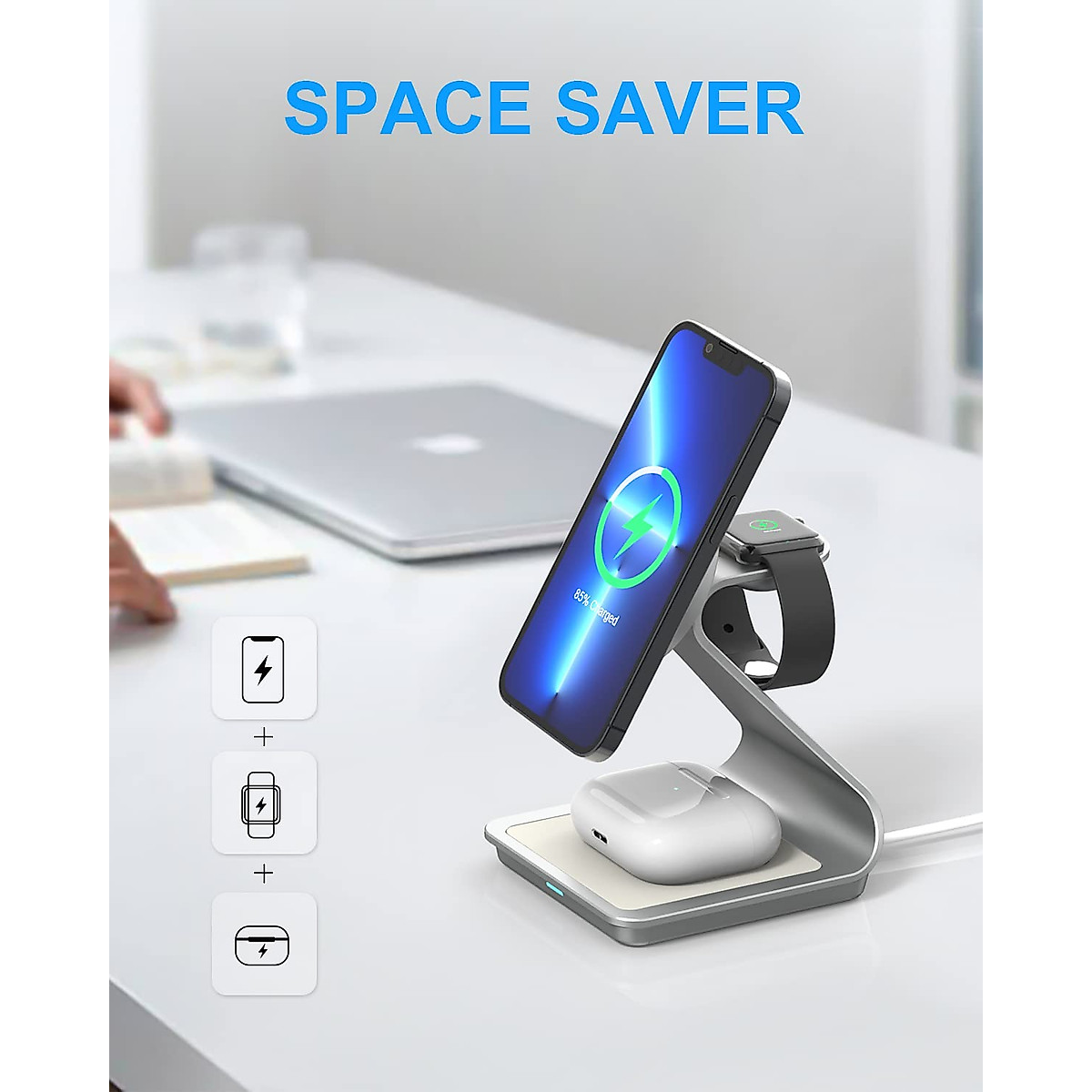 3 in 1 Wireless Charger for MagSafe, Aluminum Alloy Wireless Charging Station, Compatible with iPhone 14/13/12, Apple Watch, AirPods Pro/3/2 (Cable and Wall Charger Included) Silver