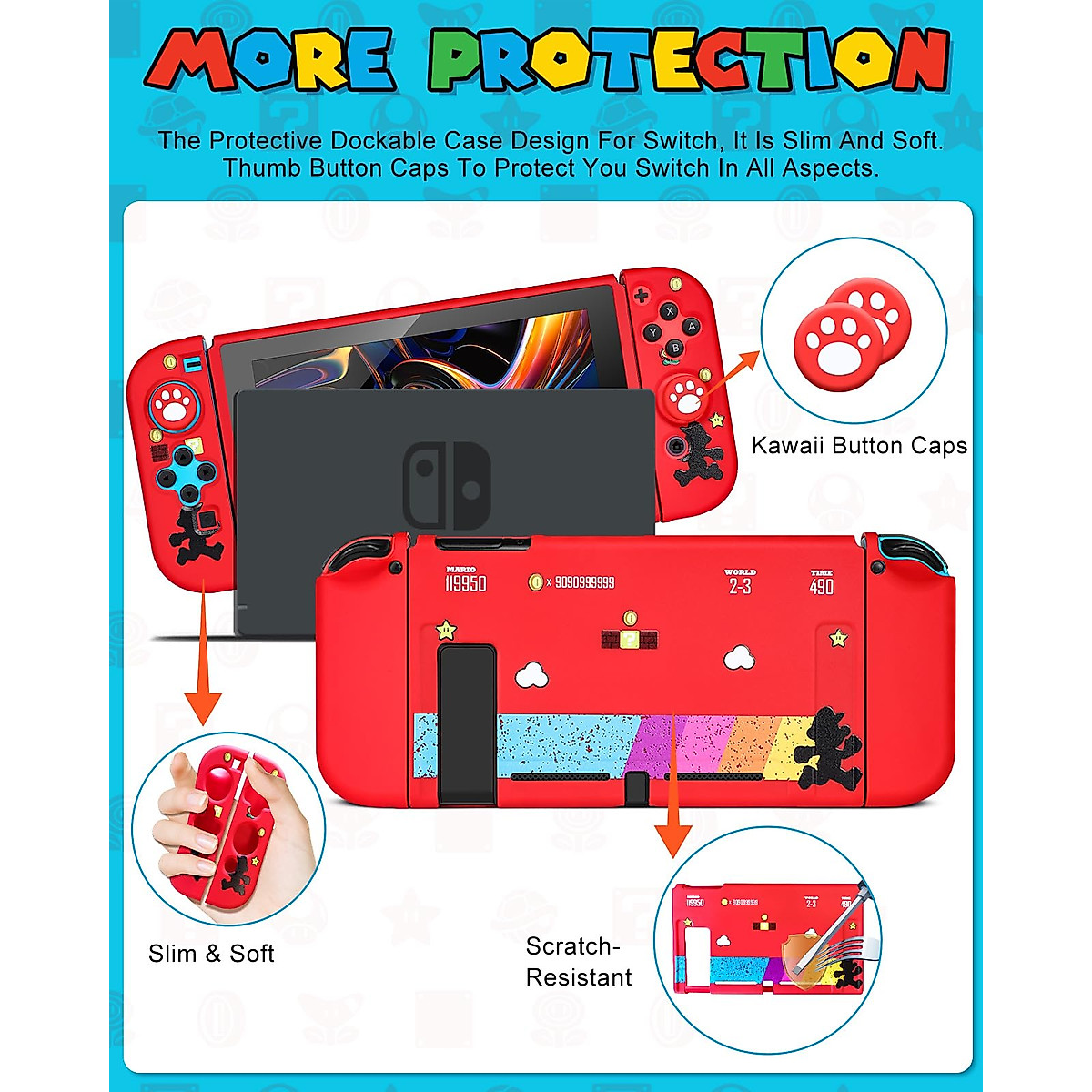 Gurgitat 8in1 Maro Switch Case for Nintendo Switch Carrying Cases & Storage Accessories Bundle Kit, Thumb Grips Button Caps+Game Card Holder+Dockable Cover Skin+Sticker for Switch Travel Pouch Bag