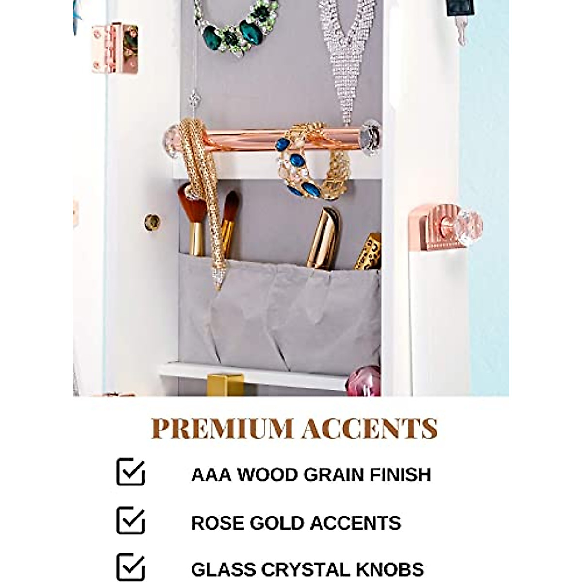 LUXFURNI Mirror Jewelry Cabinet Armoire with 3-Way Mount, Standing, Wall or Door Mounted, Jewelry Organizer with Full-Length Mirror, Lockable, Large Storage, White