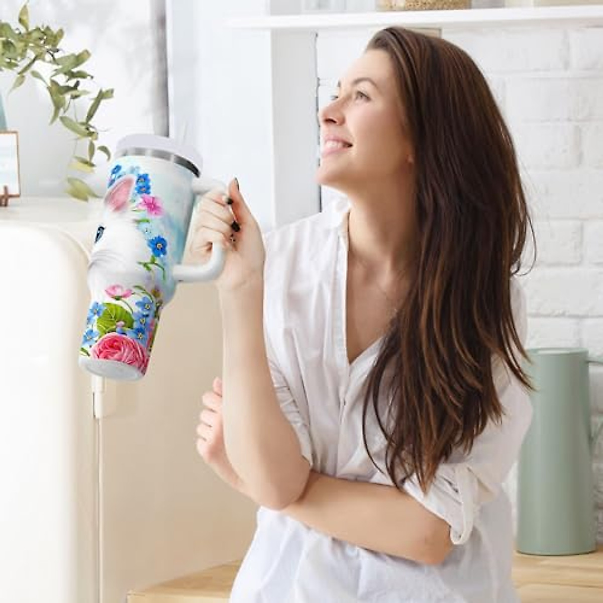 Cozy White Cat Rose 40 Oz Tumbler with Handle, Stainless Steel Cups with Lid, Travel Coffee Tumbler