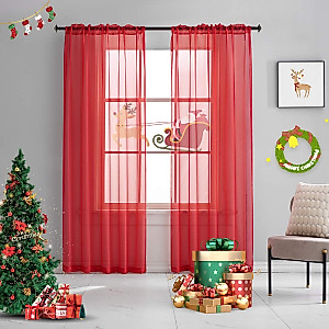 TOAVA DECO Red Curtains 108 Inches Long 2 Panels Rod Pocket Red Sheer Translucent Light Filtering Christmas Extal long for Bedroom Living Room 2 Panels 52x108