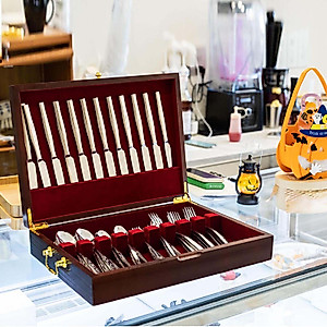 GENRICE Wooden Silverware Chest without Silverware, Silverware Box Storage for Silver, Silverware Case with Handle and Felt Lined, Flatware Chest for 12 sets of Utensils