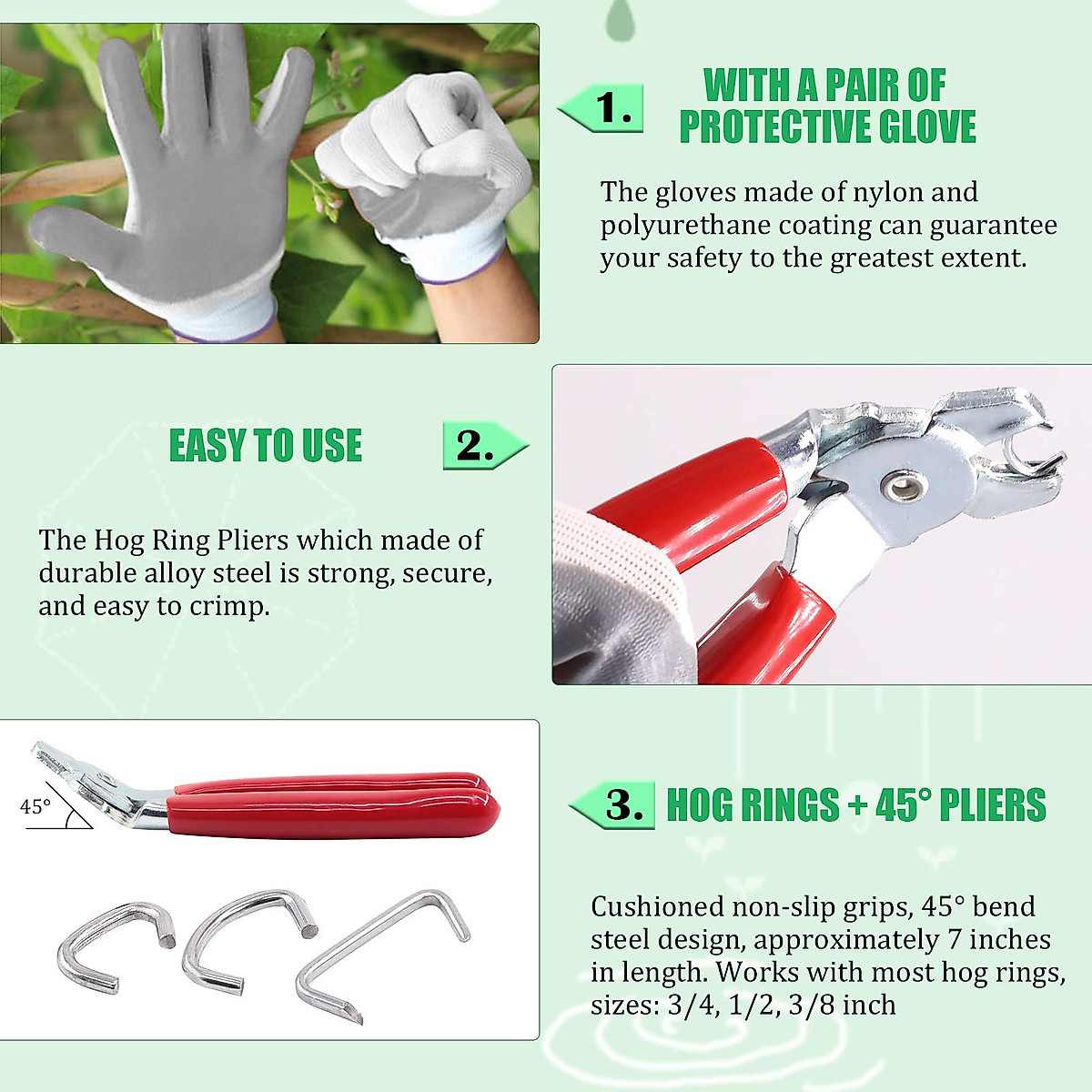 Keadic Angled Head Hog Ring Pliers & 360 Pieces Galvanized Hog Rings, Professional Upholstery Installation Kit with Protective Gloves, for Upholstery, Bungee Shock, Meat & Sausage Casings