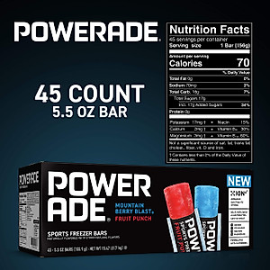 POWERADE Sports Freezer Bars, Giant Sized 5.5 oz Refreshing Ice Pops with Electrolytes B Vitamins – Naturally Flavored with other Natural Flavors, Mountain Berry Blast and Fruit Punch, 45 Total