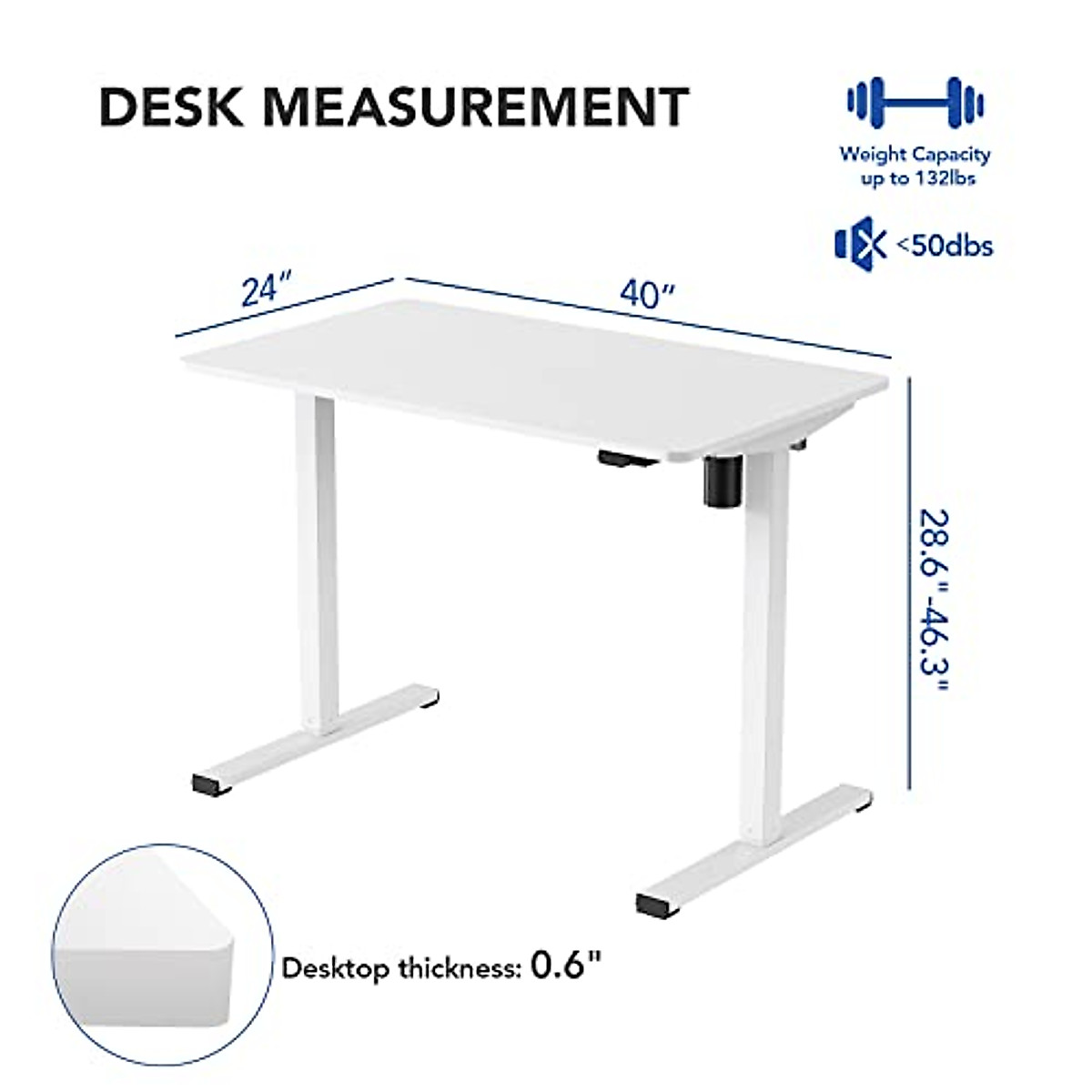 FLEXISPOT Adjustable Height Desk 40 x 24 Inches Whole Piece Desktop Small Standing Desk for Small Space Electric Sit Stand Home Office Table (White Frame + White Desktop)