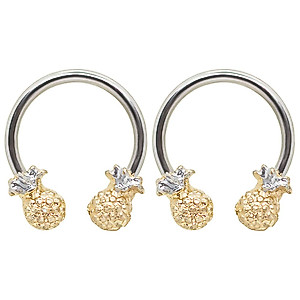 Pierce2GO Pineapple Septum Nose Ring with Silver & Gold Tones - Pineapple Horseshoe 316L Surgical Grade Stainless Steel Nose Septum Ring - Septum Hoop Rings for Women and Men Unisex (3/8")