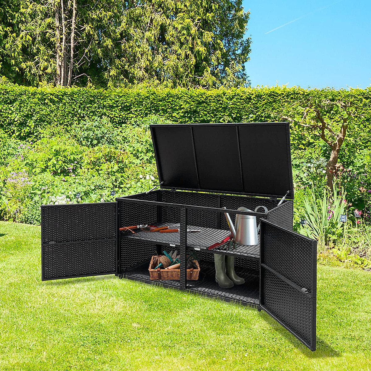 RELAX4LIFE PE Wicker Storage Box - Outdoor 88 Gallon 2-Tier Deck Box for Patio Furniture Toys Storage w/Lid & Front Doors, All Weather Rattan Storage Bin for Backyard Garden Poolside Porch (Black)