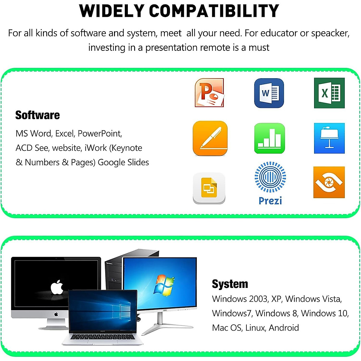 Presentation Clicker Green Laser Pointer, Rechargeable PowerPoint Clicker Wireless Presenter Remote, RF 2.4GHz USB Presentation Pointer Slide Advancer with Hyperlink Volume Control for Mac Computer