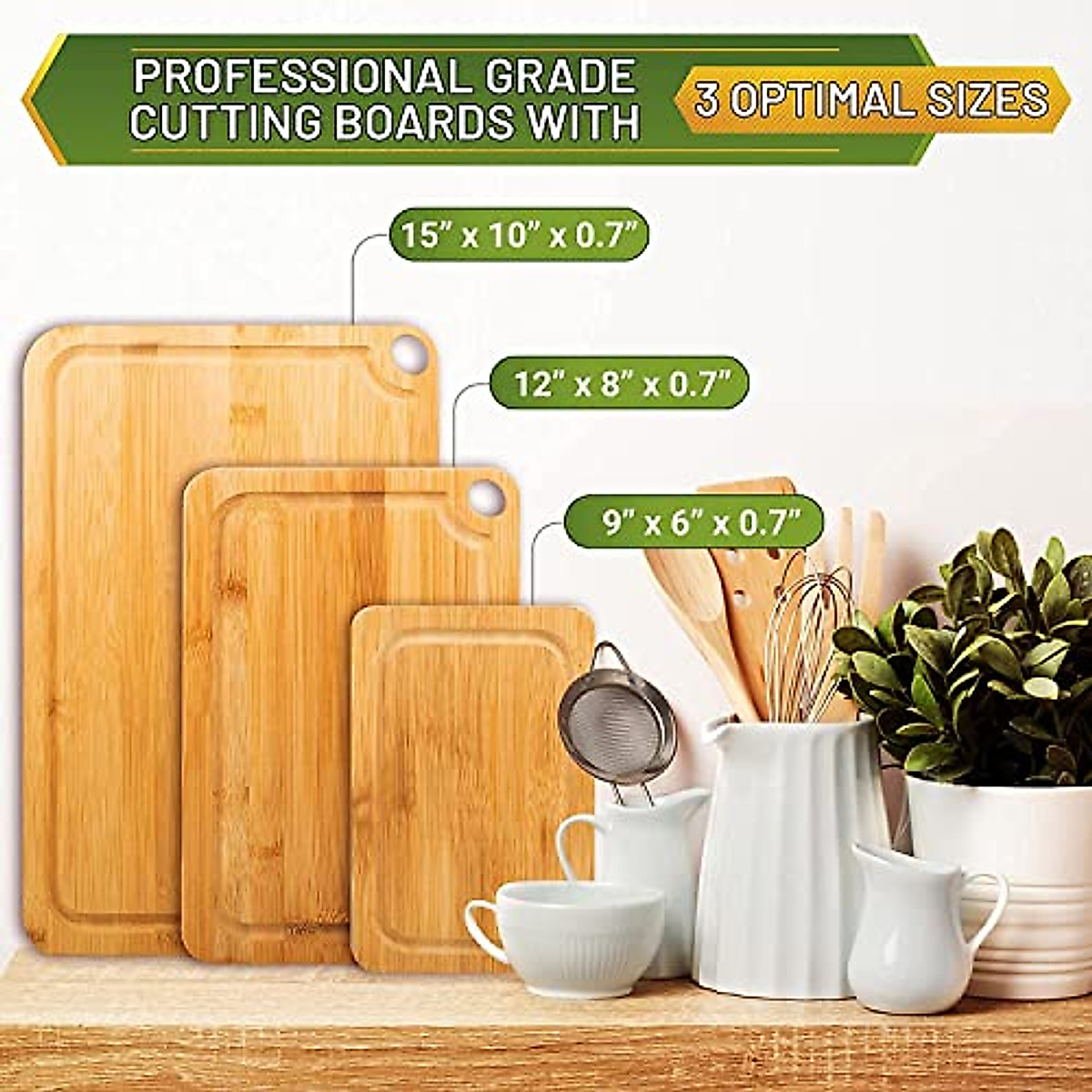 Bamboo Cutting Board Set of 3, Cutting Boards in Large, Medium & Small Size, Organic Wooden Cutting Boards for Kitchen, Vegetable & Meat Cutting Board, Cutting Board With Juice Groove & Handles