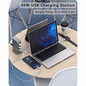 VPSUN USB Charger 6 Port 50W Multi USB Tower Charging Station for Multiple Devices iPhone 15/14/14 Pro/14 Pro Max/13 Pro/13 Pro Max/Android/Samsung/Tablet,etc (Gray, 50W)