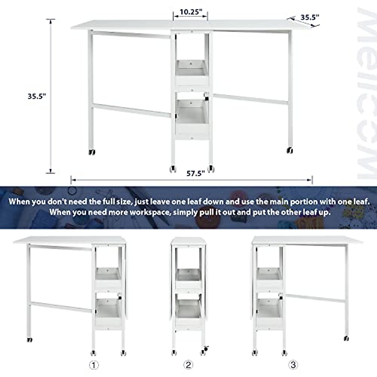 MELLCOM Home Hobby Craft Table with Storage Shelves, Mobile Folding Cutting Table for Large Fabric, Foldable Table for Home Office Sewing Room Craft Room, Fixed Height 35.5in