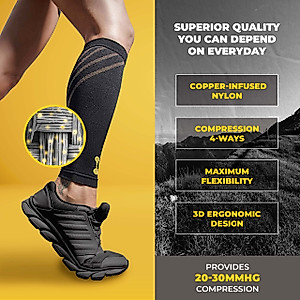Calf Compression Sleeves for Men & Women - Leg Sleeve and Shin Splints Support - Ideal for Leg Cramp Relief, Varicose Veins, Running - 20-30mmHg Copper Infused Nylon by CopperJoint - Large