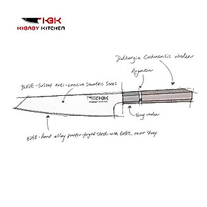 Kbk Japanese Gyutou Kitchen Chef Knife Forged SUS304 Stainless Steel Blade 8.5 Inch and Hard Alloy Edge 63 HRC Super Sharp with Ebony Wooden Handle Comfort Hold