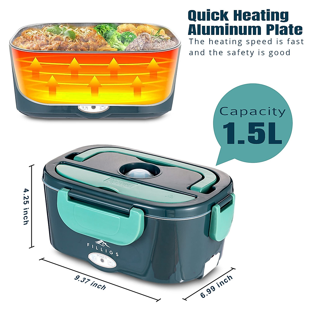 Filligs Electric Lunch Box Food Heater, 110V 12V 24V, Food Warmer for Office, Truck, Car, Work, With Removable Stainless Steel Container, Loncheras Electricas Para Calentar Almuerzo