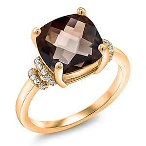 Gem Stone King 18K Yellow Gold Plated Silver Brown Smoky Quartz Ring For Women (4.14 Cttw, Cushion Checkerboard 10MM, Available in size 5, 6, 7, 8, 9)