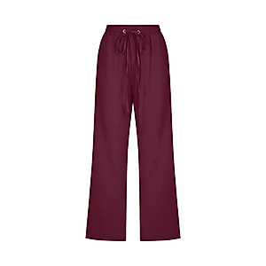 SMIDOW Beach Pants for Women Women Solid Cotton Linen Capri Pants Drawstring Elastic Waist Cropped Pants with Pockets Summer Casual Comfy Wine XL