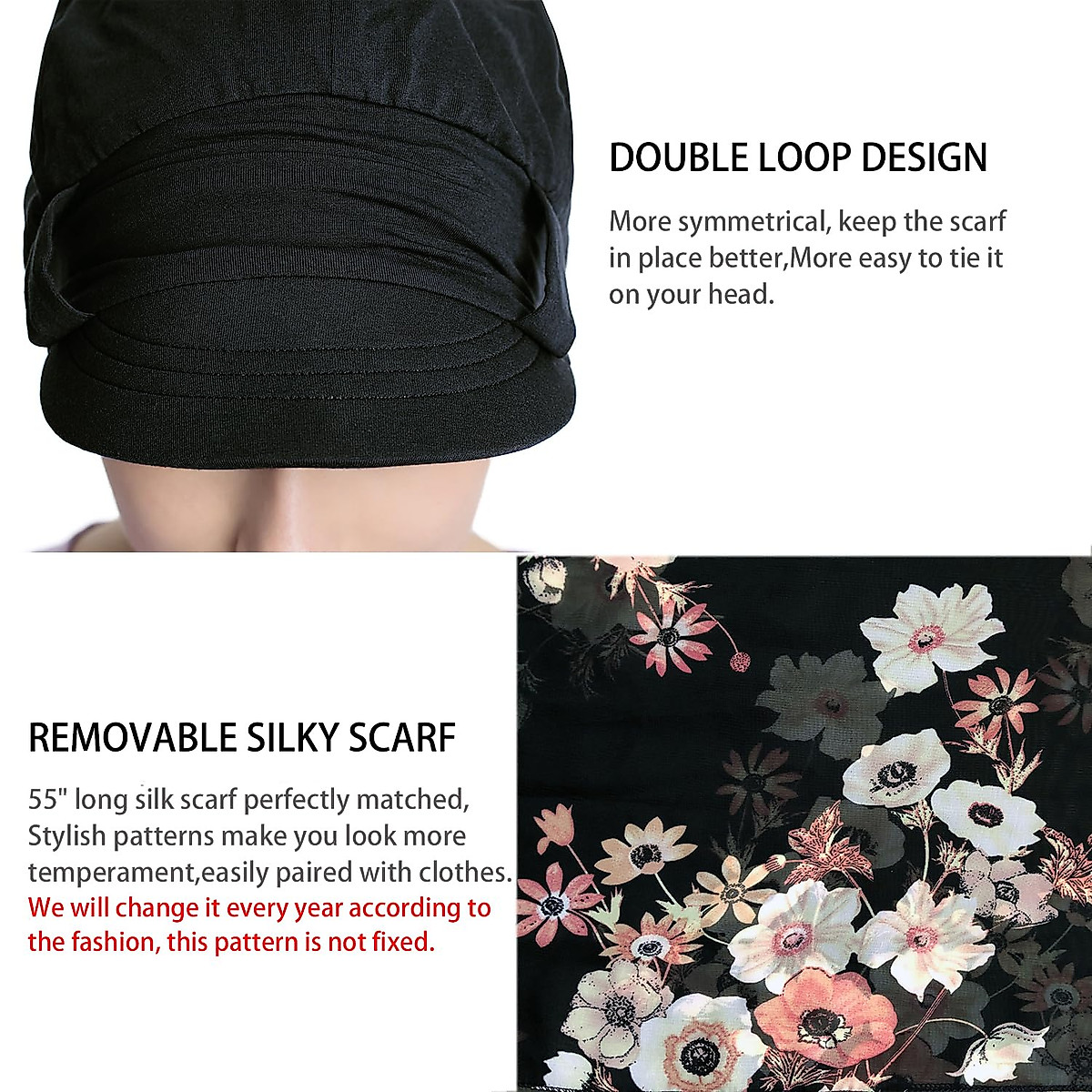 JarseHera Chemo Hats for Women Bamboo Cotton Lined Newsboy Caps with Scarf Double Loop Headwear for Cancer Hair Loss (2 Pair,Black+Light Gray)